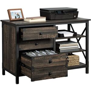 Sauder Steel River Industrial Metal & Wood Credenza with Drawers, Carbon Oak Finish