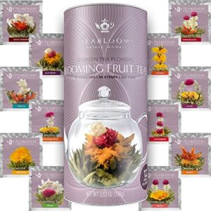 teabloom fruit blooming teas – 12 unique flower varieties of blooming tea in 12 delicious fruit flavors – each flowering tea ball steeps up to 3 times