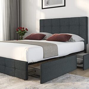 allewie upholstered queen size platform bed frame with 4 storage drawers and headboard, square stitched button tufted mattress foundation with wooden slats support, no box spring needed, grey