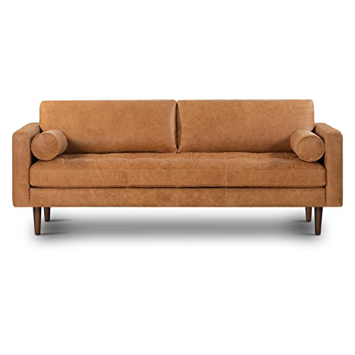 POLY & BARK Napa Leather Couch – 88.5-Inch Leather Sofa with Tufted Back - Full Grain Leather Couch with Feather-Down Topper On Seating Surfaces – Pure-Aniline Italian Leather – Cognac Tan