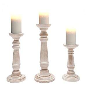 barnyard designs rustic pillar candle holder stands, tall wood candlestick centerpieces for table or living room decor, white, set of 3, (14″, 11.5″, and 9″ tall)