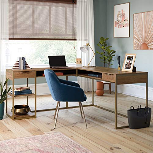 Sauder International Lux Engineered Wood L-Shaped Desk in Sindoori Mango