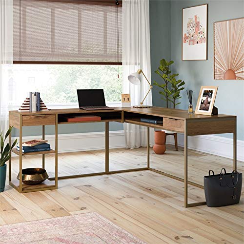 Sauder International Lux Engineered Wood L-Shaped Desk in Sindoori Mango