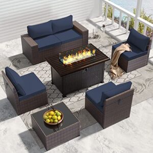 rtdtd outdoor patio furniture set with propane fire pit table, 7 pieces outdoor furniture patio sectional sofa conversation sets w/etl approved 43″ gas outdoor fire table & coffee table (dark blue)