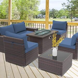 RTDTD Outdoor Patio Furniture Set with Propane Fire Pit Table, 7 Pieces Outdoor Furniture Patio Sectional Sofa Conversation Sets w/ETL Approved 43" Gas Outdoor Fire Table & Coffee Table (Dark Blue)