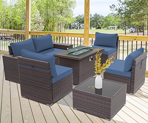 RTDTD Outdoor Patio Furniture Set with Propane Fire Pit Table, 7 Pieces Outdoor Furniture Patio Sectional Sofa Conversation Sets w/ETL Approved 43" Gas Outdoor Fire Table & Coffee Table (Dark Blue)