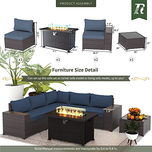 RTDTD Outdoor Patio Furniture Set with Propane Fire Pit Table, 7 Pieces Outdoor Furniture Patio Sectional Sofa Conversation Sets w/ETL Approved 43" Gas Outdoor Fire Table & Coffee Table (Dark Blue)