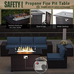 RTDTD Outdoor Patio Furniture Set with Propane Fire Pit Table, 7 Pieces Outdoor Furniture Patio Sectional Sofa Conversation Sets w/ETL Approved 43" Gas Outdoor Fire Table & Coffee Table (Dark Blue)