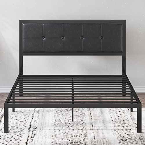 NEOLEWA Queen Size Faux Leather Classic Platform Soft Article Bed Frame with Support Slats, Full