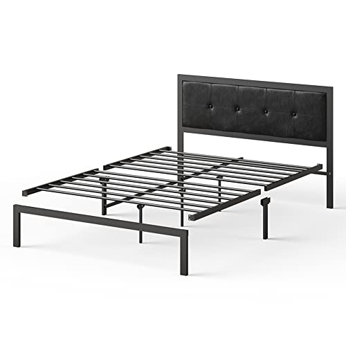 NEOLEWA Queen Size Faux Leather Classic Platform Soft Article Bed Frame with Support Slats, Full