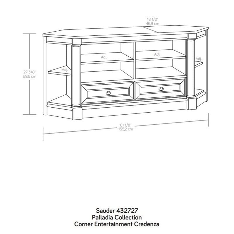 Sauder Palladia Corner Credenza/TV Stand in Glacier Oak, for TVs up to 60", Glacier Oak Finish