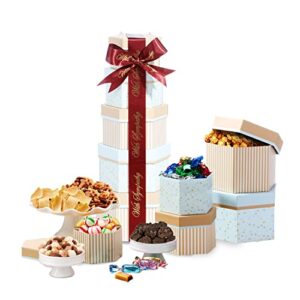 broadway basketeers condolences gourmet gift basket, kosher sympathy food gift baskets for delivery, perfect care package box or assorted snack gifts for bereavement, loss, funeral, or shiva