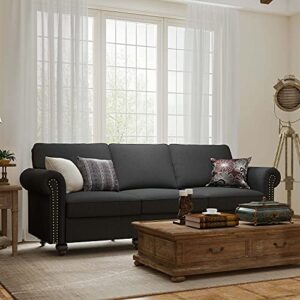 nolany 3 seater sofa linen fabric couch with reversible back cushions upholstered sofa 3-seat couch for small space, dark grey