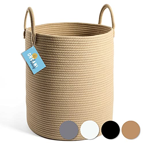 OrganiHaus Large Woven Baskets for Storage | Cotton Rope Baskets for Storage | Tall Blanket Basket for Living Room | Nursery Laundry Basket | Big Basket for Toys | Basket for Blankets - Honey ,Tall (15"x18")