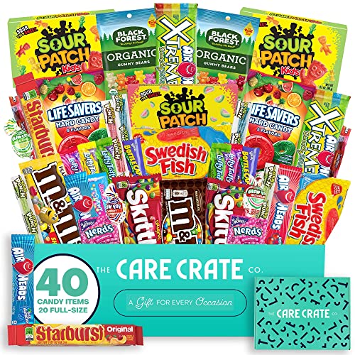 The Care Crate Ultimate Candy Snack Box Care Package ( 40 piece Candy Snacks) Includes 20 Full Size Candies - Starburst, Skittles, Twizzlers & More!