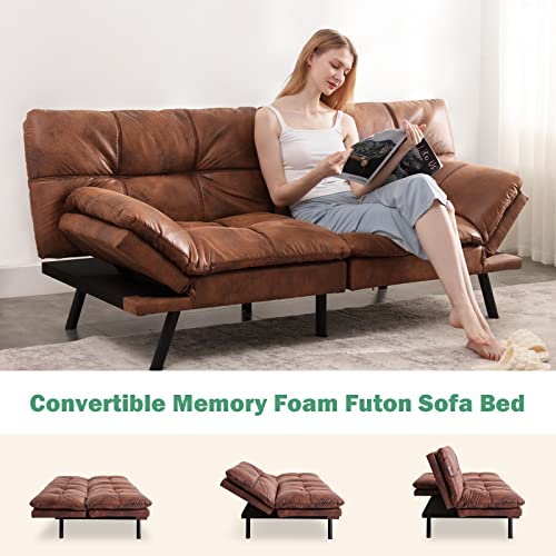 Vyfipt Futon Sofa Bed/Couch, Memory Foam Small Splitback Sofa for Living Room,Modern Loveseat with Covertible Armrests,71" L,Faux Leather/3" Cushion Thicker Version/Brown