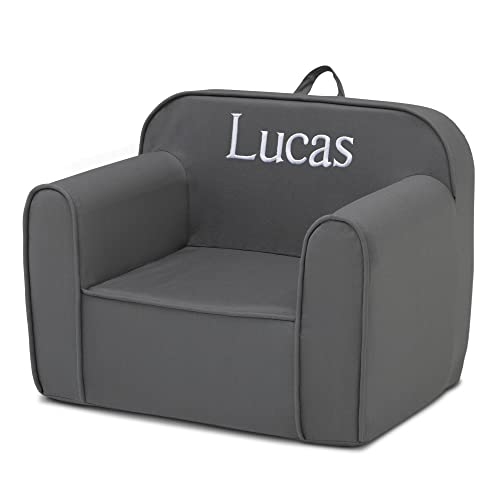 Delta Children Cozee Chair for Kids - 1 Seater Foam Toddler Couch can be Personalized with Name, Has Removable Cover for Easy Machine Washing (25x18x20.5 Inches, Dark Grey)