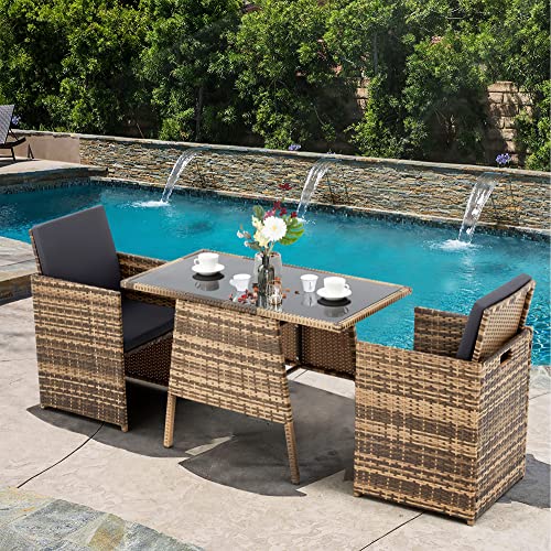 KROFEM 3 Pieces Waterproof Outdoor Rattan Furniture Set with Cushions, Ideal for Patio, Lawn,Balcony, Backyard, Garden, Swimming Pool, Yard Nature Frame and Dark Grey Cushion