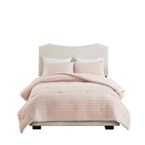 Comfort Spaces 100% Comforter Set Cotton Jacquard Pom Tufts Design Hypoallergenic Down Alternative, All Season Modern Bedding, Matching Shams, Twin/Twin XL, Phillips, Blush