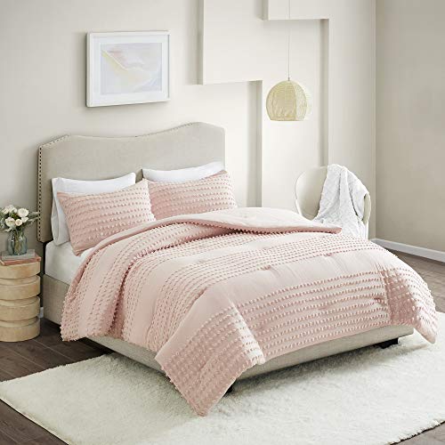 Comfort Spaces 100% Comforter Set Cotton Jacquard Pom Tufts Design Hypoallergenic Down Alternative, All Season Modern Bedding, Matching Shams, Twin/Twin XL, Phillips, Blush