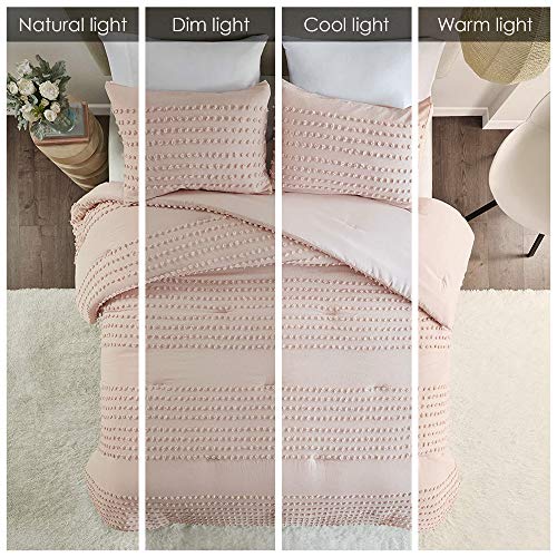 Comfort Spaces 100% Comforter Set Cotton Jacquard Pom Tufts Design Hypoallergenic Down Alternative, All Season Modern Bedding, Matching Shams, Twin/Twin XL, Phillips, Blush