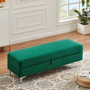 elegant finest pine green storage ottoman bench rectangular pouf seat foot stool plush velvet upholstered padded cushion top hidden large compartment weight-bearing metal legs space-saving article