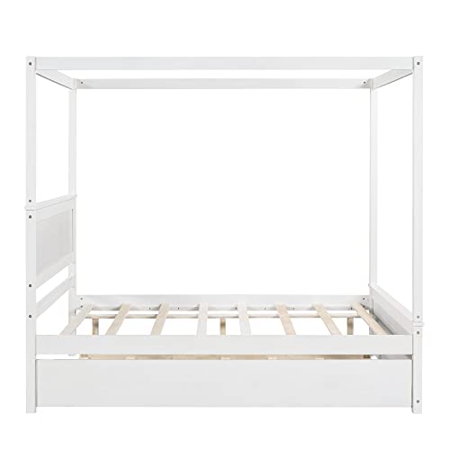 Bellemave Full Size Wood Canopy Bed with Trundle and Two Nightstands, 4-Post Platform Frame Headboard, 3 Pieces Bedroom Set (Brushed White) Full Canopy Bed+2 Nightstands