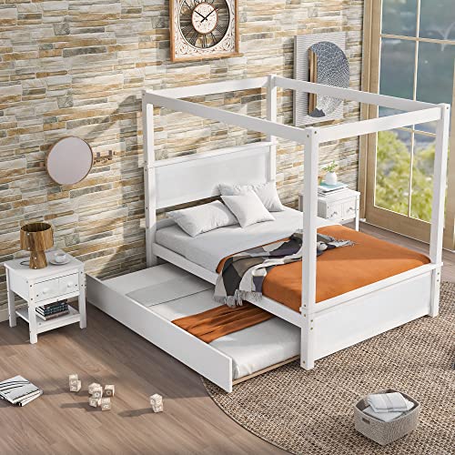 Bellemave Full Size Wood Canopy Bed with Trundle and Two Nightstands, 4-Post Platform Frame Headboard, 3 Pieces Bedroom Set (Brushed White) Full Canopy Bed+2 Nightstands