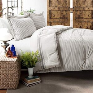 Lush Decor Farmhouse Stripe 3 Piece Reversible Comforter Bedding Set, King, Gray