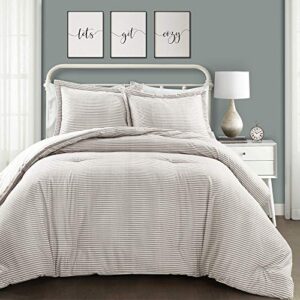 Lush Decor Farmhouse Stripe 3 Piece Reversible Comforter Bedding Set, King, Gray