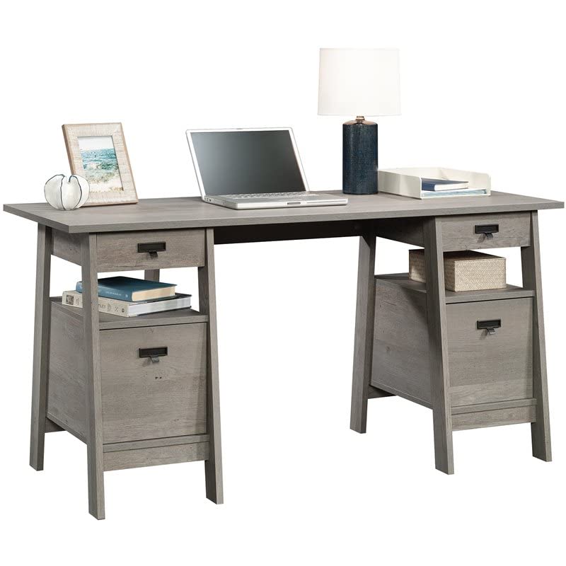 Sauder Trestle Engineered Wood Executive Desk in Mystic Oak