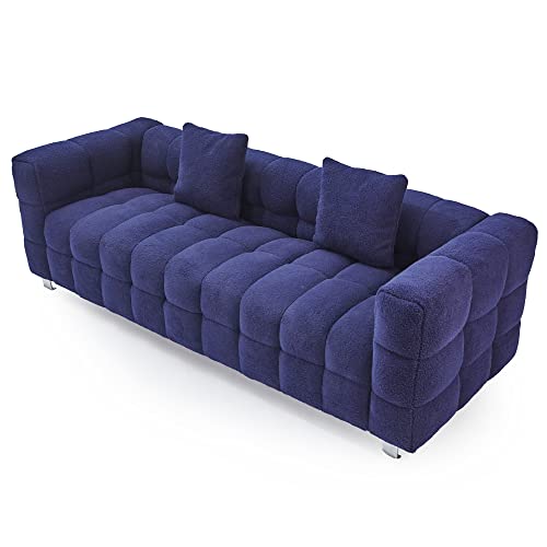 Dolonm Modern Sofa Couch with Metal Legs Upholstered Tufted 3 Seater Couch with 2 Pillows Decor Furniture for Living Room, Bedroom, Office, 80 Inch Wide (Blue-Teddy)