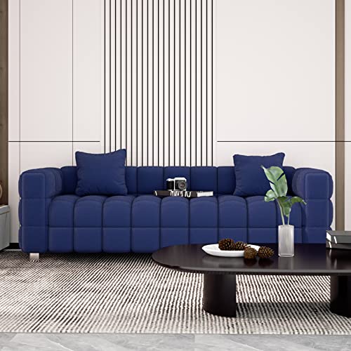 Dolonm Modern Sofa Couch with Metal Legs Upholstered Tufted 3 Seater Couch with 2 Pillows Decor Furniture for Living Room, Bedroom, Office, 80 Inch Wide (Blue-Teddy)