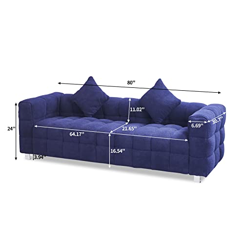 Dolonm Modern Sofa Couch with Metal Legs Upholstered Tufted 3 Seater Couch with 2 Pillows Decor Furniture for Living Room, Bedroom, Office, 80 Inch Wide (Blue-Teddy)