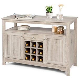 giantex buffet server sideboard, console table, wood dining table, cupboard table with 2 cabinets, 1 drawer and 9 wine cabinets, storage organizer kitchen and dining room (gray)