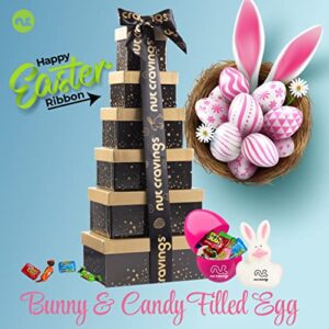 Premade Easter Gift Baskets for Adults & Kids, Candy Filled Eggs + Bunny - Dried Fruit & Nut Tower Arrangement (12 Piece Assortment) Healthy Food Platter, Care Package Variety Tray, Kosher Snack Box