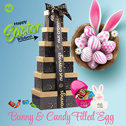 Premade Easter Gift Baskets for Adults & Kids, Candy Filled Eggs + Bunny - Dried Fruit & Nut Tower Arrangement (12 Piece Assortment) Healthy Food Platter, Care Package Variety Tray, Kosher Snack Box