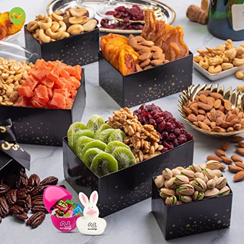 Premade Easter Gift Baskets for Adults & Kids, Candy Filled Eggs + Bunny - Dried Fruit & Nut Tower Arrangement (12 Piece Assortment) Healthy Food Platter, Care Package Variety Tray, Kosher Snack Box