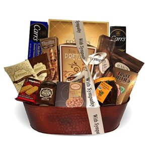 with sincere sympathy condolence gift basket, sympathy baskets for loss of a loved one, gourmet & elegantly arranged funeral basket, dark copper bereavement care basket by nikki’s gift baskets