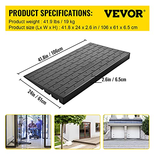 VEVOR Rubber Threshold Ramp,Threshold Ramp Doorway, 3 Channels Cord Cover Rubber Solid Threshold Ramp, Rubber Angled Entry Rated 2200 Lbs Load Capacity for Wheelchair and Scooter (2.6" H)