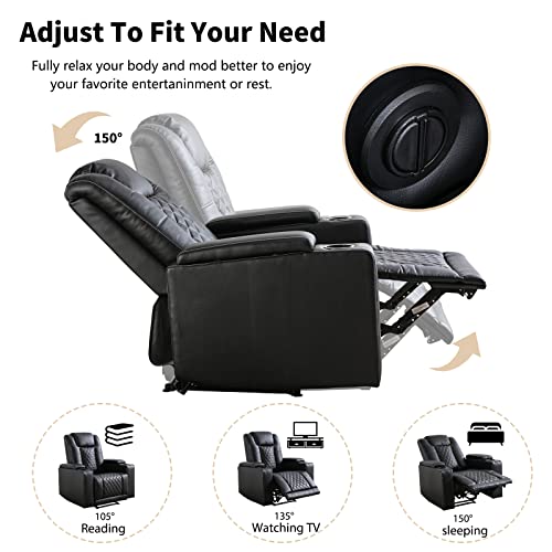 ANJ Power Recliner Chair Set of 3, PU Leather Electric Home Theater Seating with USB Ports and Cup Holders, Black Overstuffed Reclining Furniture with Hidden Arm Storage