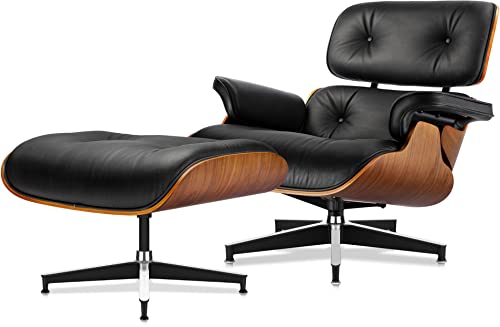 Genniyz Century Lounge Chair and Ottoman, Modern Chair Classic Design, Top Black Grain Leather Palisander Wood, Heavy Duty Base Support for Living Room Study Lounge Office Standard