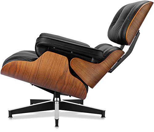 Genniyz Century Lounge Chair and Ottoman, Modern Chair Classic Design, Top Black Grain Leather Palisander Wood, Heavy Duty Base Support for Living Room Study Lounge Office Standard