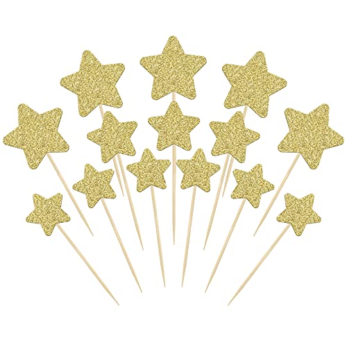 Gyufise 42Pcs Star Cupcake Toppers Gold Glitter Assembled Twinkle Star Cupcake Picks Wedding Engagement Bridal Shower Birthday Party Cake Decorations Supplies Mixed Size