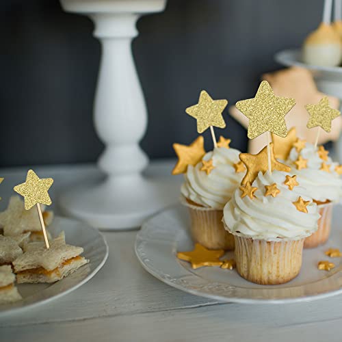 Gyufise 42Pcs Star Cupcake Toppers Gold Glitter Assembled Twinkle Star Cupcake Picks Wedding Engagement Bridal Shower Birthday Party Cake Decorations Supplies Mixed Size