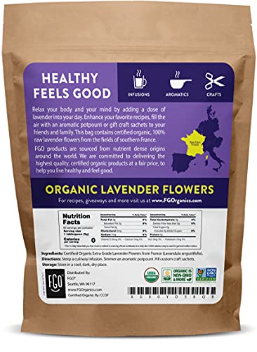 Organic Lavender Flowers Dried | Perfect for Tea, Baking, Lemonade, DIY Beauty, Sachets & Fresh Fragrance | 100% Raw From France | Jumbo 16oz Resealable Kraft Bag | by FGO