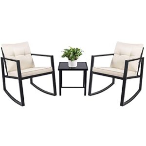 devoko 3 piece rocking bistro set wicker patio outdoor furniture porch chairs conversation sets with glass coffee table (beige)