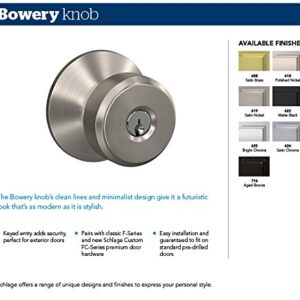 SCHLAGE F51A BWE 608 CEN Bowery Knob with Century Trim Keyed Entry Lock, Satin Brass