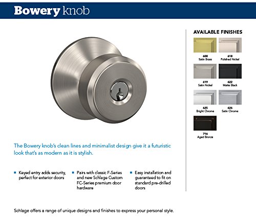 SCHLAGE F51A BWE 608 CEN Bowery Knob with Century Trim Keyed Entry Lock, Satin Brass