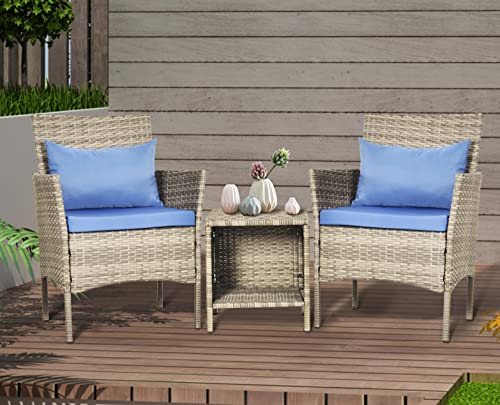 Patio Porch Furniture Sets 3 Pieces Rattan Wicker Chairs with Table and 2 Pillow Outdoor Garden Furniture Sets Conversation Chair Set